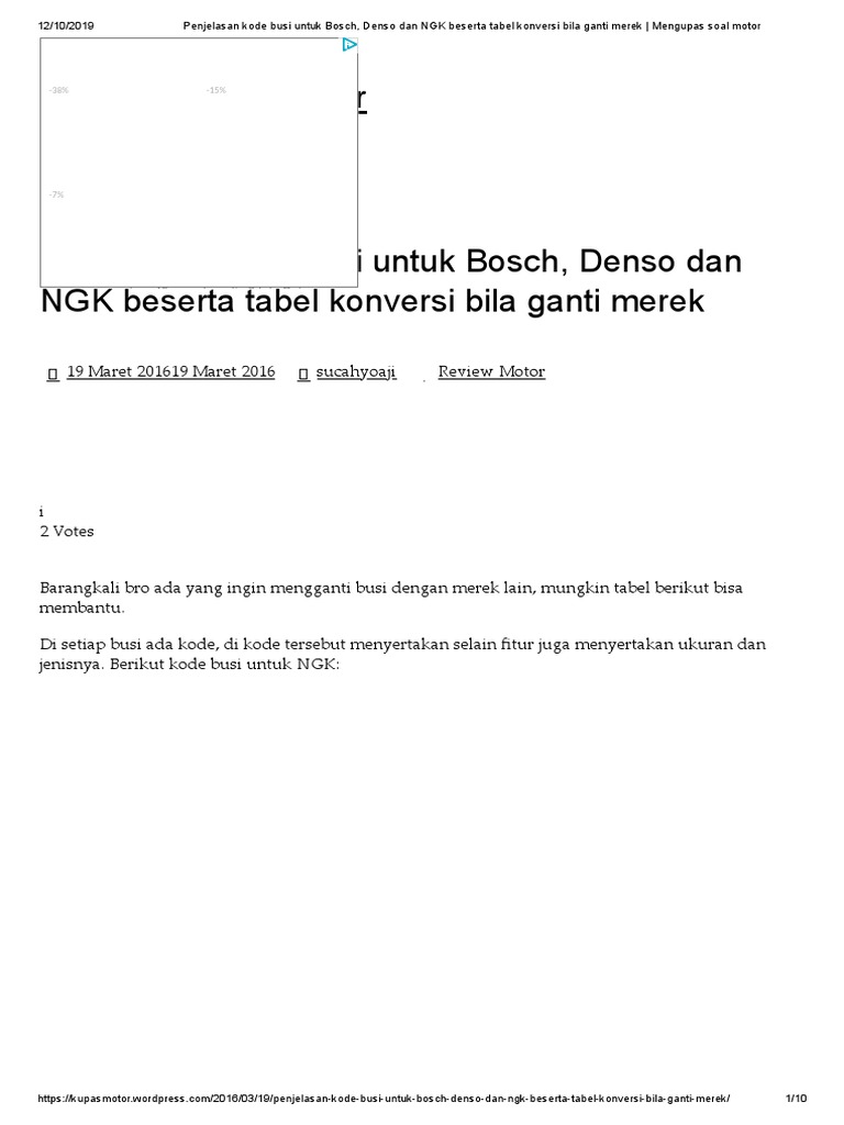 Penjelasan Kode Busi Untuk Bosch, Denso Dan NGK Beserta Tabel Konversi ...