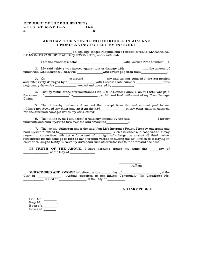 Afffidavit of Non-Filing of Double Claim and Agreeement To Testify in ...