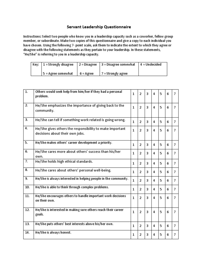 Servant Leadership Questionnaire | PDF | Servant Leadership | Leadership