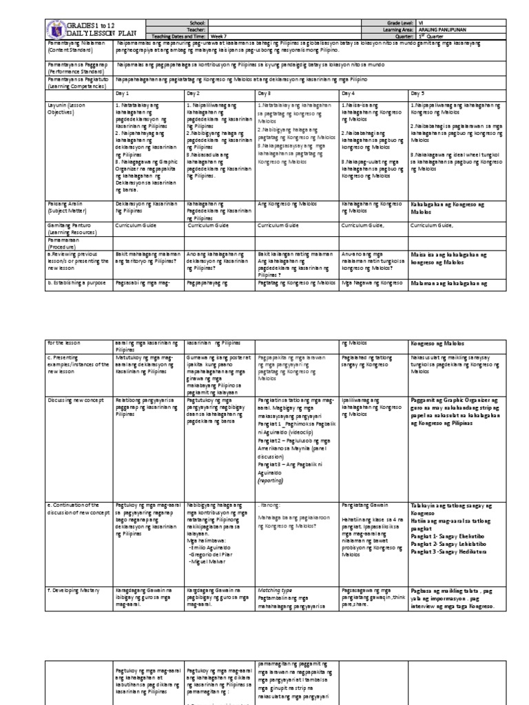 DLL Araling Panlipunan 6 q1 w7-Dlp | PDF