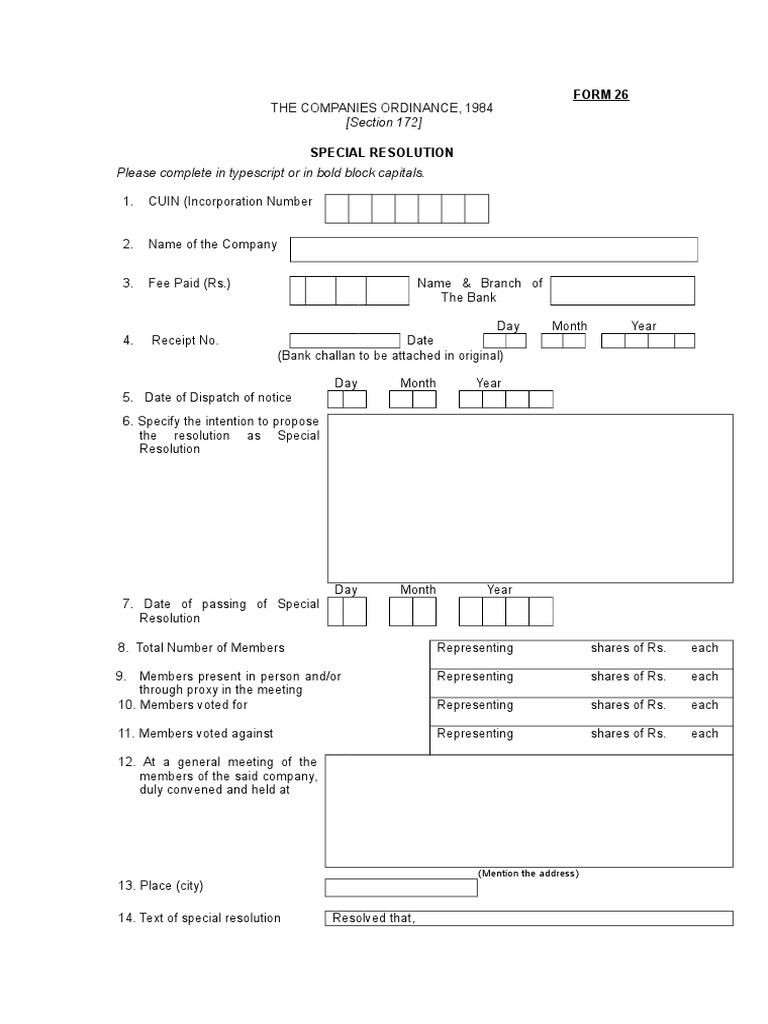 Form 26 Special Resolution | PDF