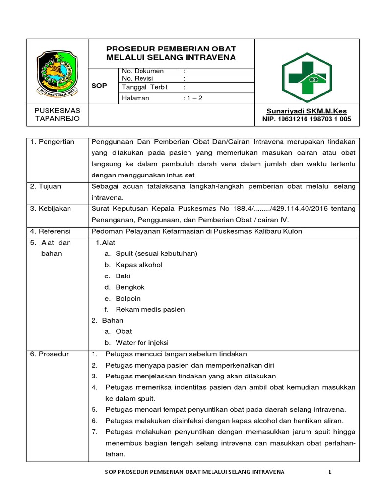 SOP Prosedur Pemberian Obat Melalui Selang Intravena | PDF