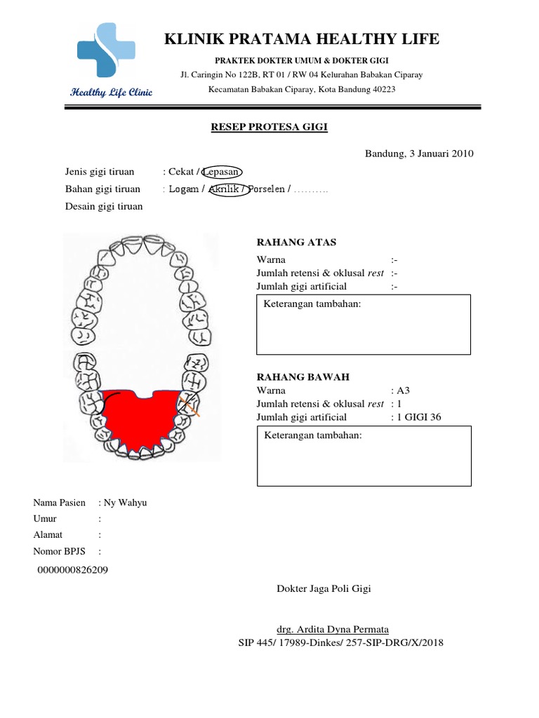 Resep Protesa Gigi di Klinik Healthy Life | PDF