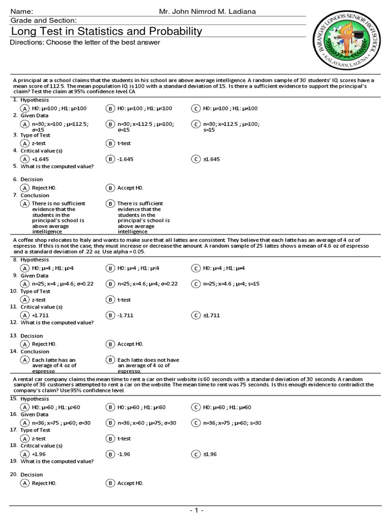 Fourth Quarter Statistics and Probability | PDF | Student's T Test ...