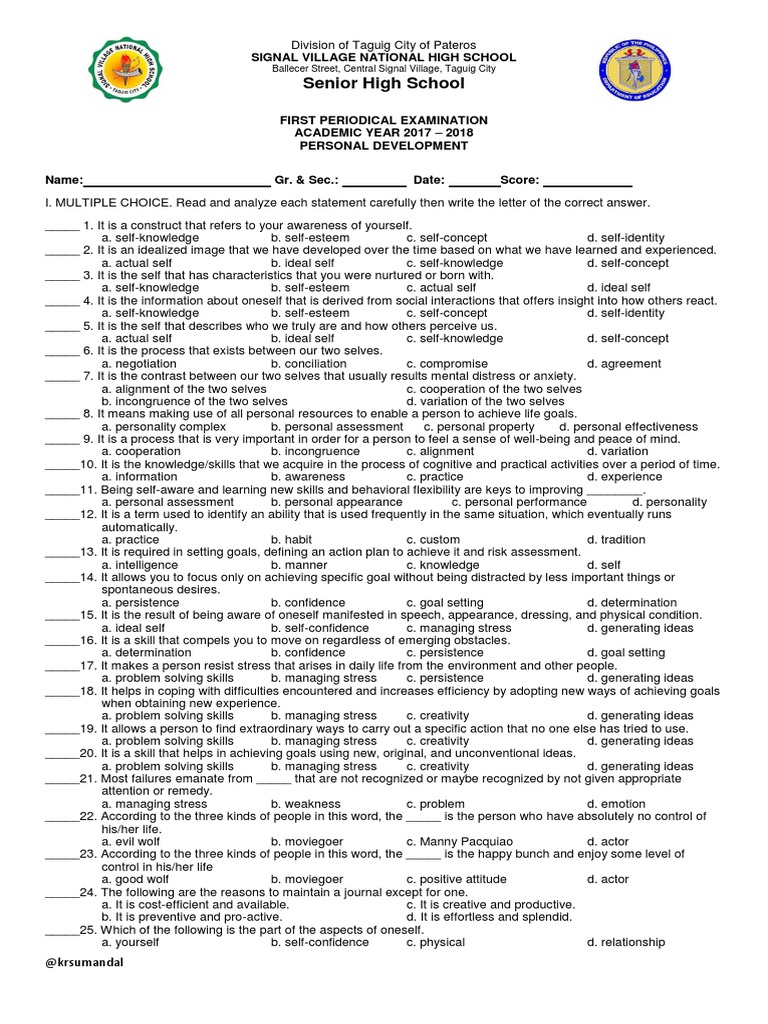 Perdev Exam | PDF | Self | Self Concept