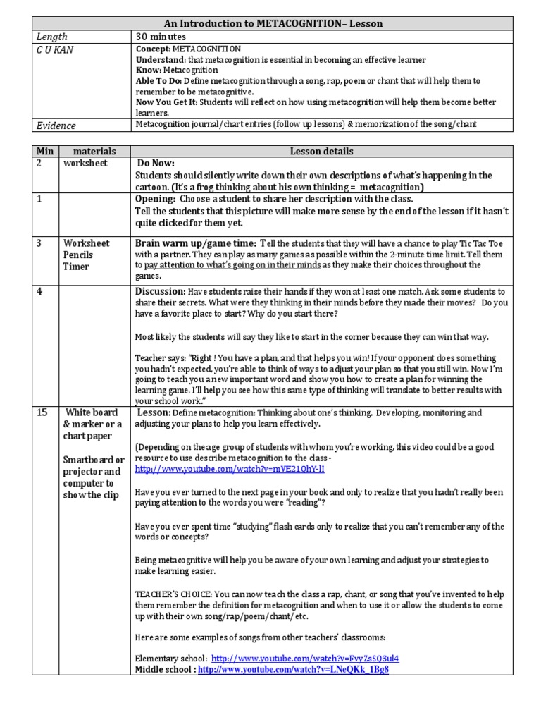 Lesson Plan Final PDF | PDF | Metacognition | Thought