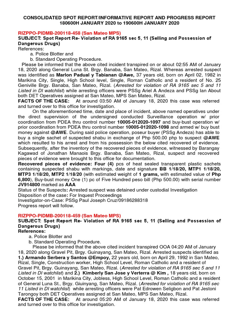 CONSOLIDATED SPOT REPORT January 18-19, 2020 | PDF | Arrest | Law ...