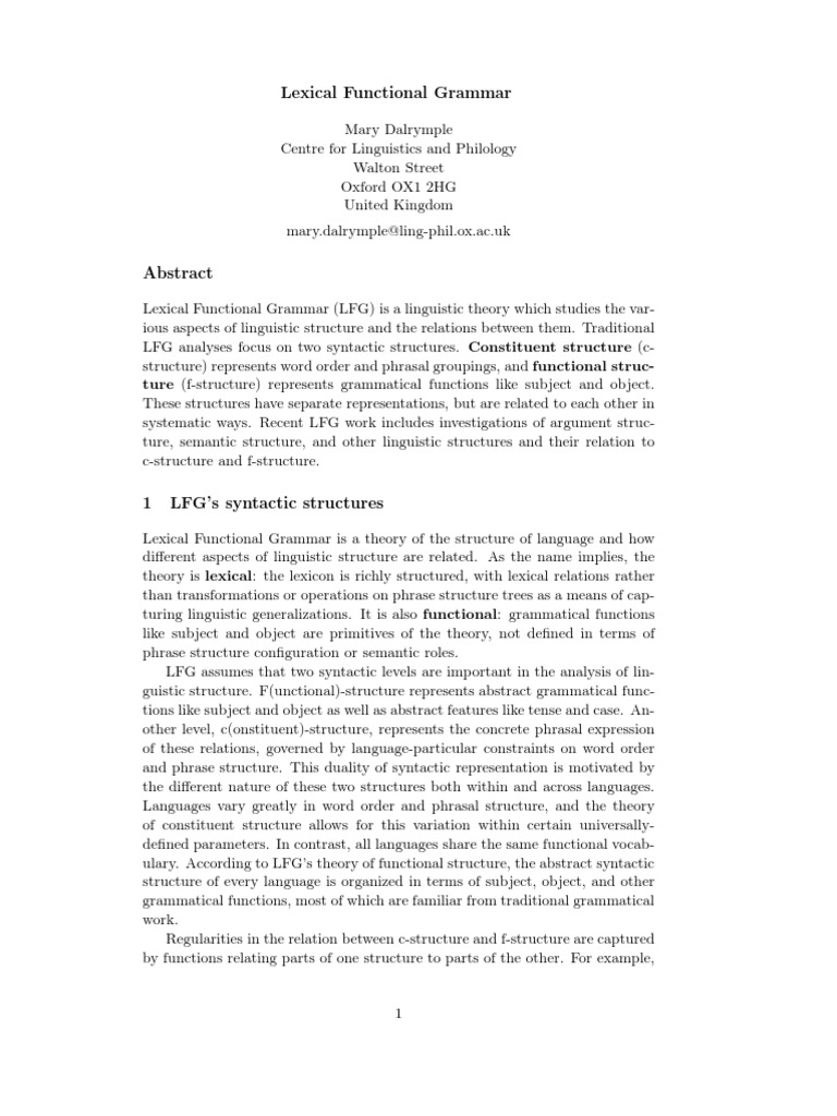 An Introduction to Lexical Functional Grammar: Syntactic Representations, Structures, and ...
