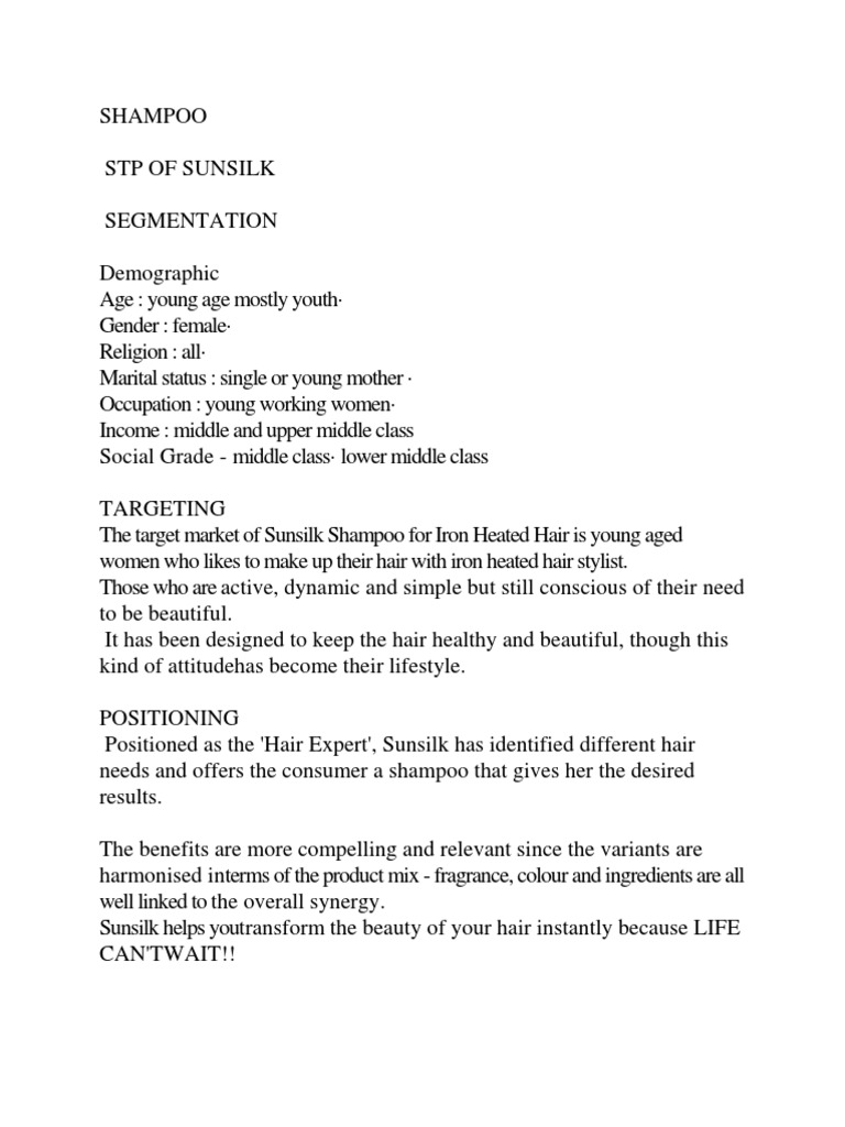 Sunsilk Shampoo STP Analysis | PDF | Market Segmentation | Shampoo