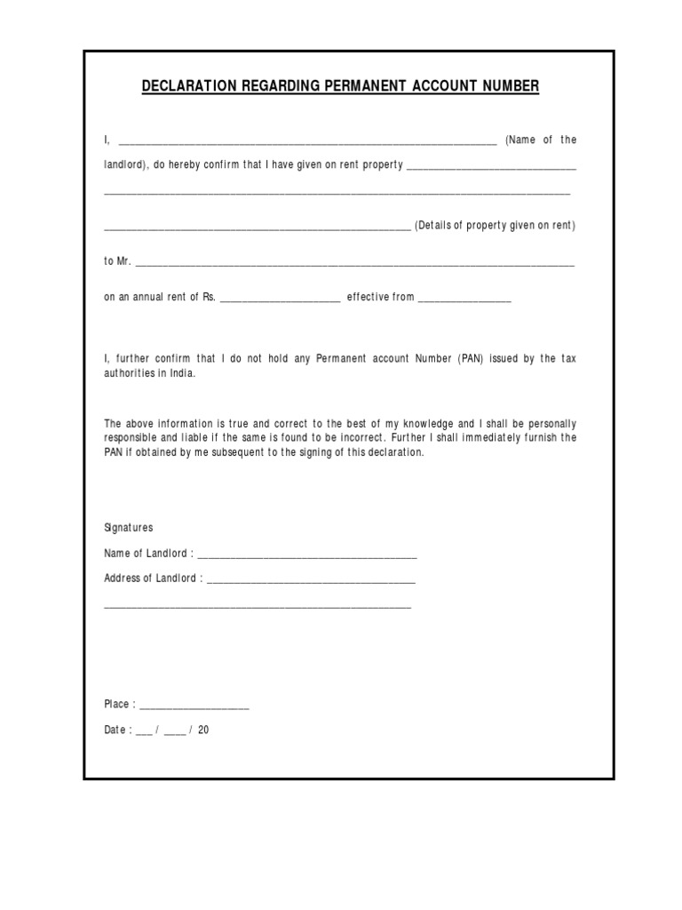 PAN Card Declaration From Landlord PDF | PDF
