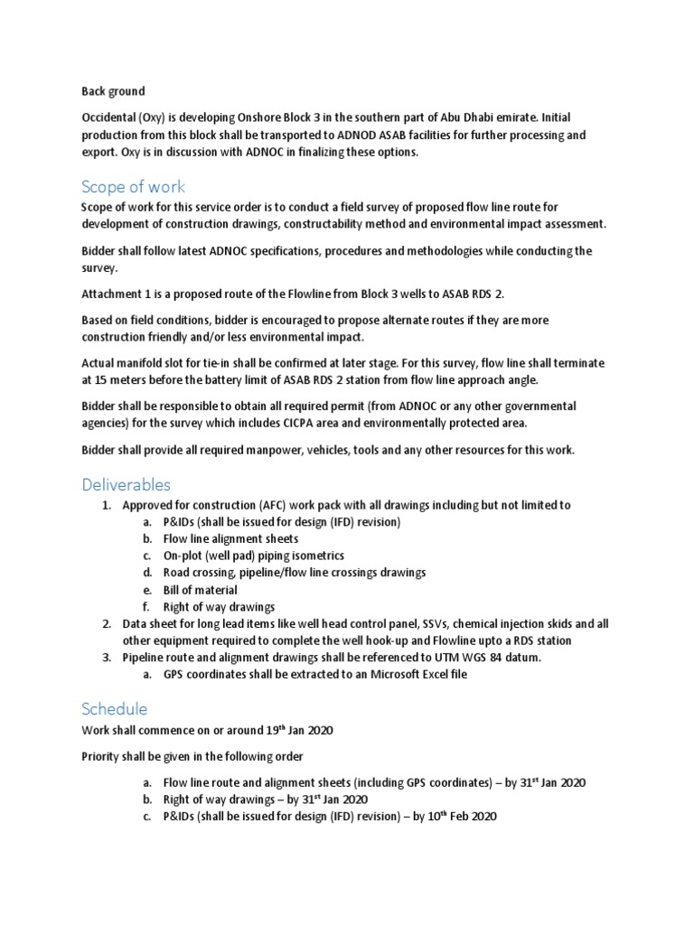 PDR Scope Sheet for Flowline Survey | PDF | Business