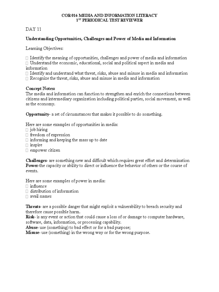 Cor 016 - 1ST Periodical Test Reviewers Day 11 16 | PDF | Mass Media ...