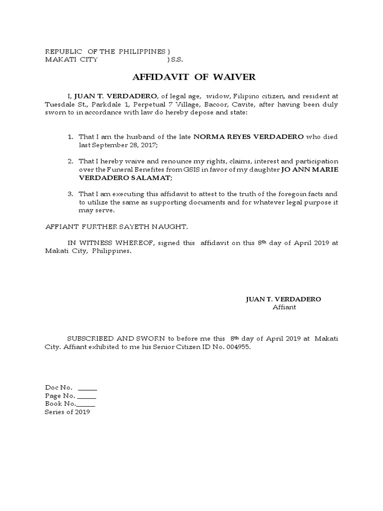 Affidavit of Waiver - Jo Ann V Salamat | PDF | Affidavit | Legal ...