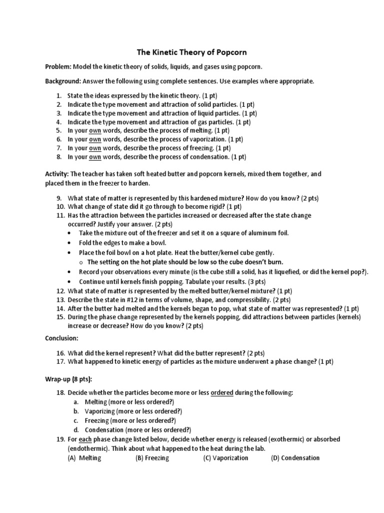 Kinetic Theory of Popcorn Lab | PDF | Gases | Phase Transition