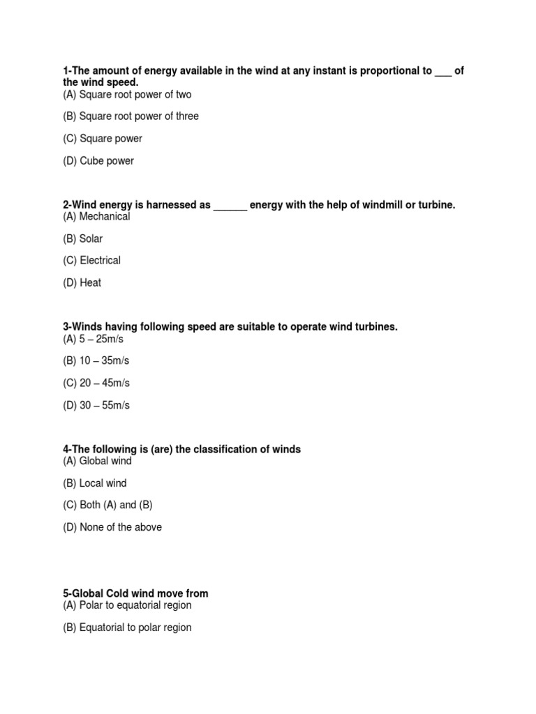 Wind Energy TE Questions | PDF