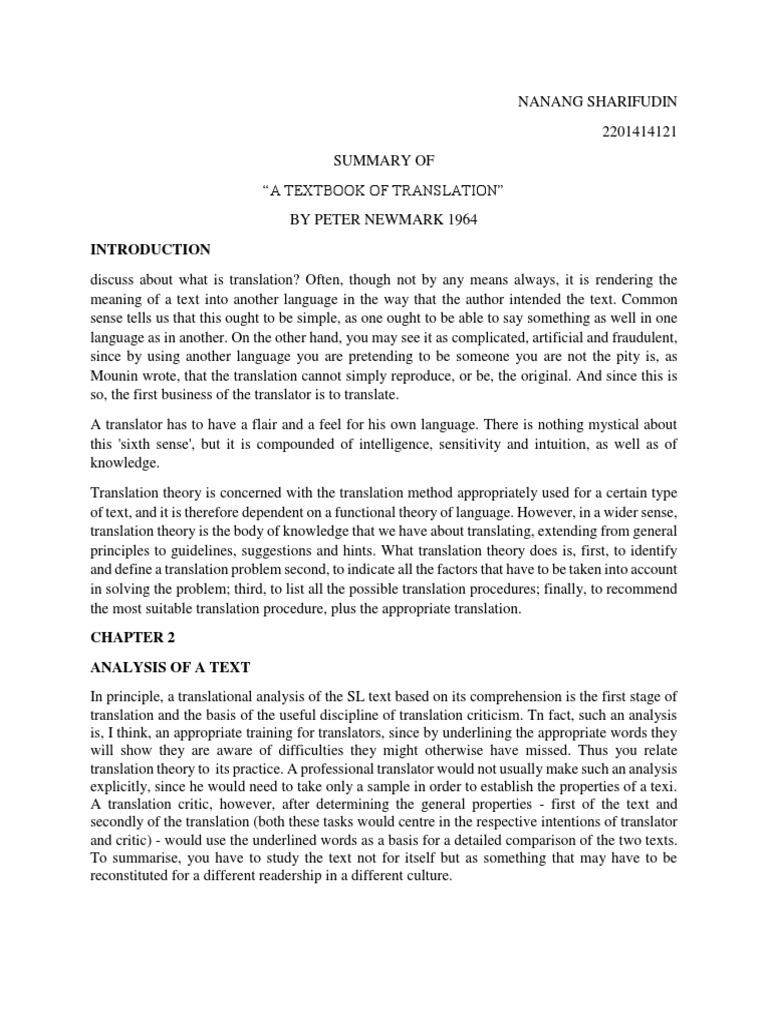 A Textbook of Translation - Peter Newmark 1964 - SUMMARY | PDF ...