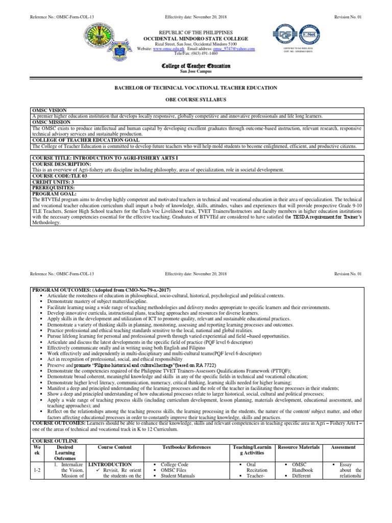 OBE Syllabus AgriFishery | PDF | Vocational Education | Curriculum
