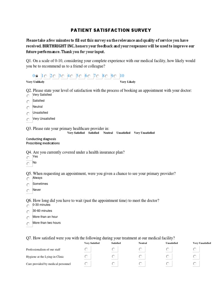 Patient Satisfaction Survey | PDF | Economics Of Service Industries ...
