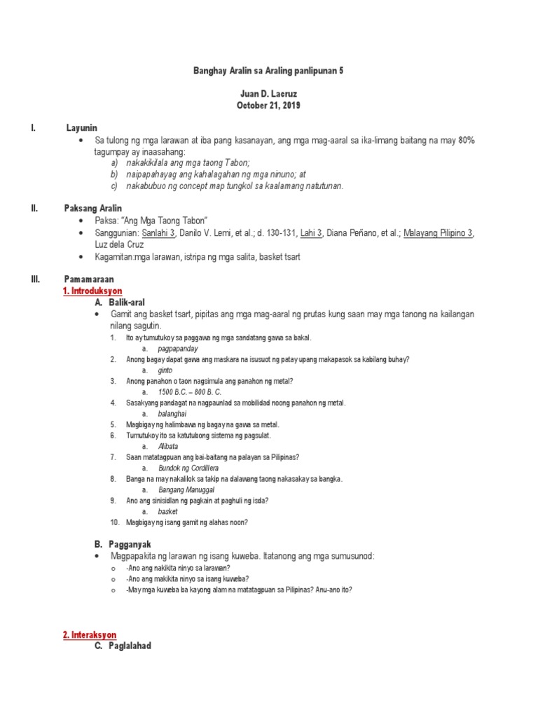 Sample Banghay Aralin Sa Sibika at Kultura 5 | PDF