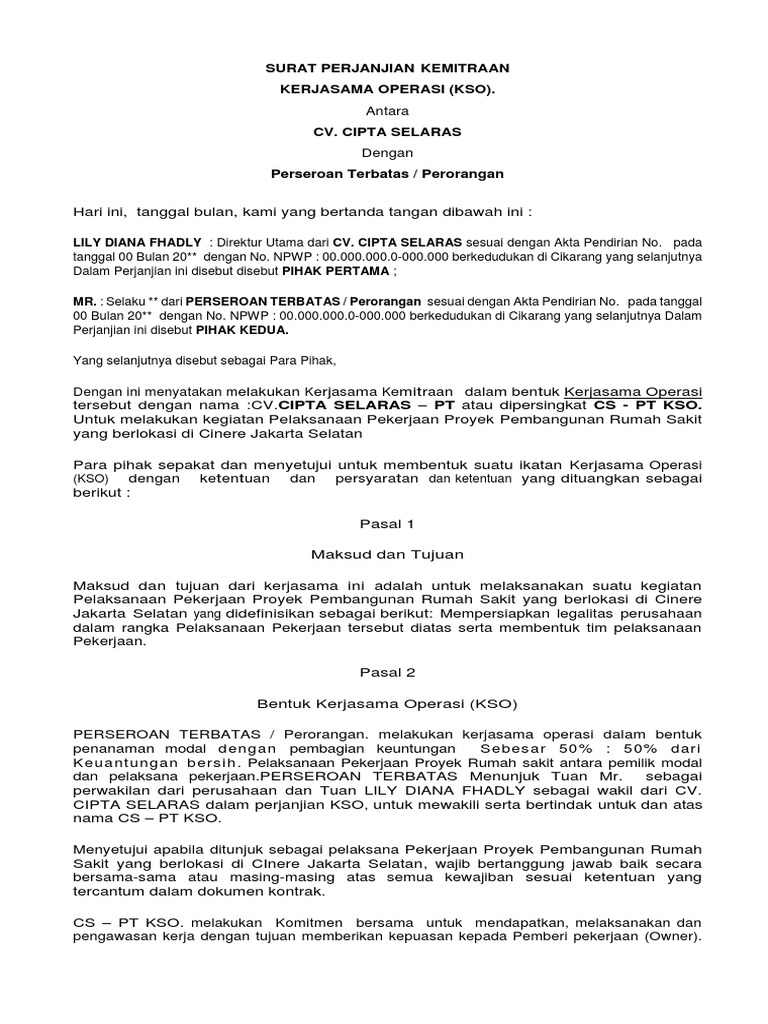 Draft KSO - Internal | PDF | Pengelolaan Keuangan & Uang | Hukum