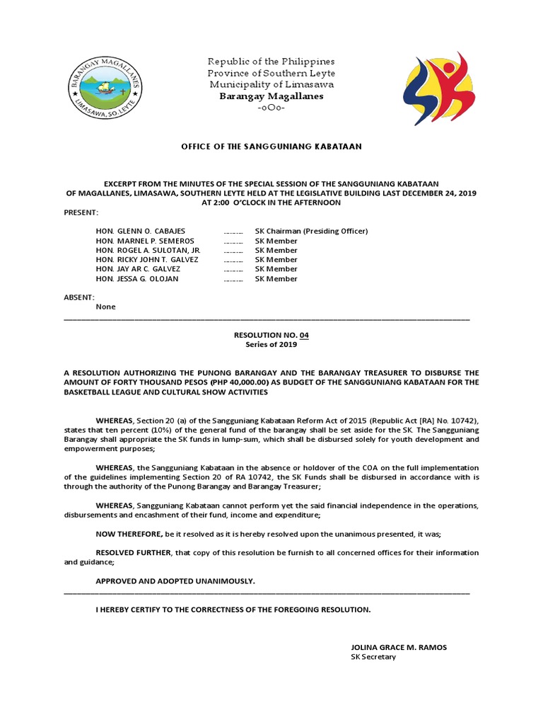 SK Fund Disbursement Resolution | PDF | Philippines | Government
