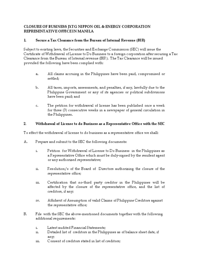 Closure of Business Representative Office Requirements | PDF | Business ...