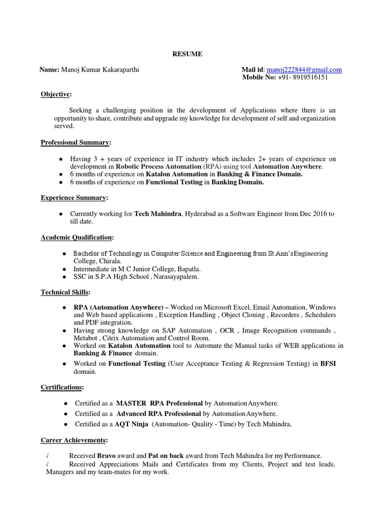 Resume - Manoj | PDF | Automation | Application Software