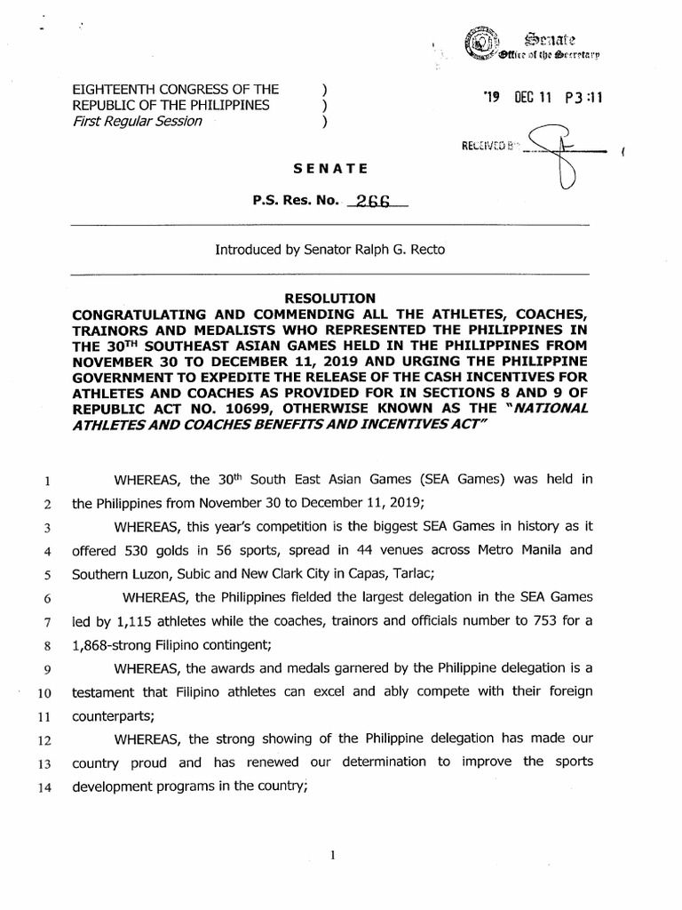 PSR-266: Resolution Commending All The Athletes Coaches Trainors and ...