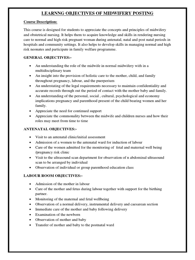 Midwifery Posting Learning Objectives | PDF | Midwifery | Childbirth