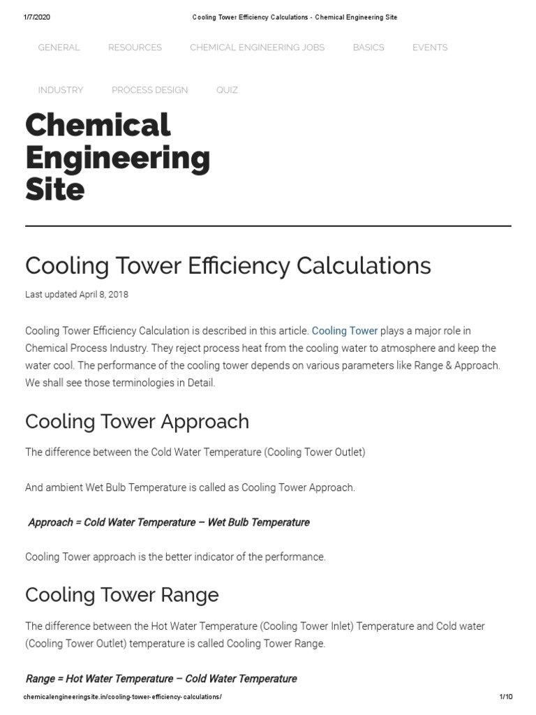 Cooling Tower Efficiency Calculations - Chemical Engineering Site | PDF ...