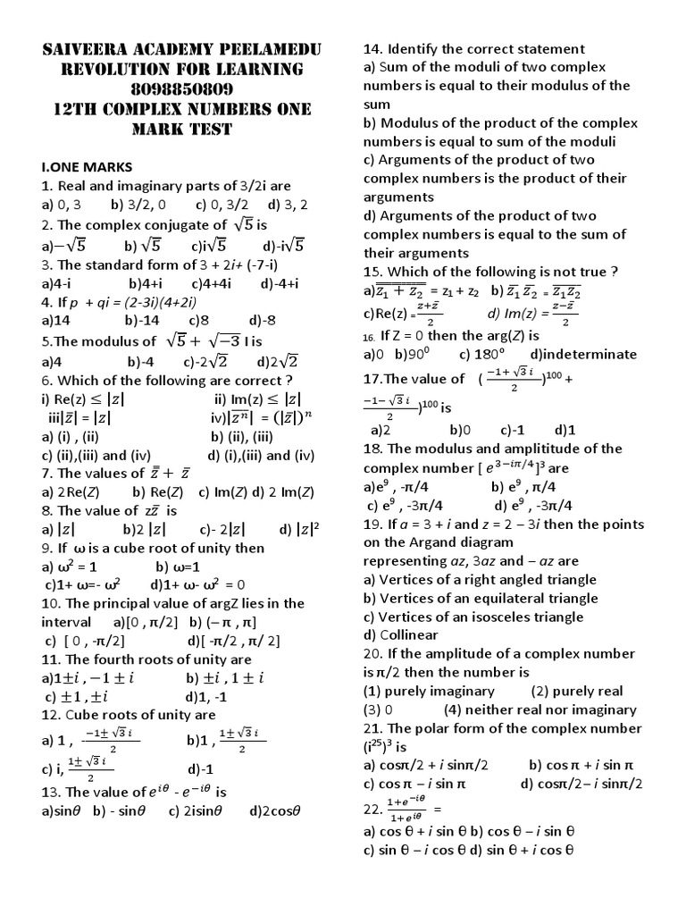 Complex Numbers Multiple Choice Questions | PDF | Complex Number | Triangle