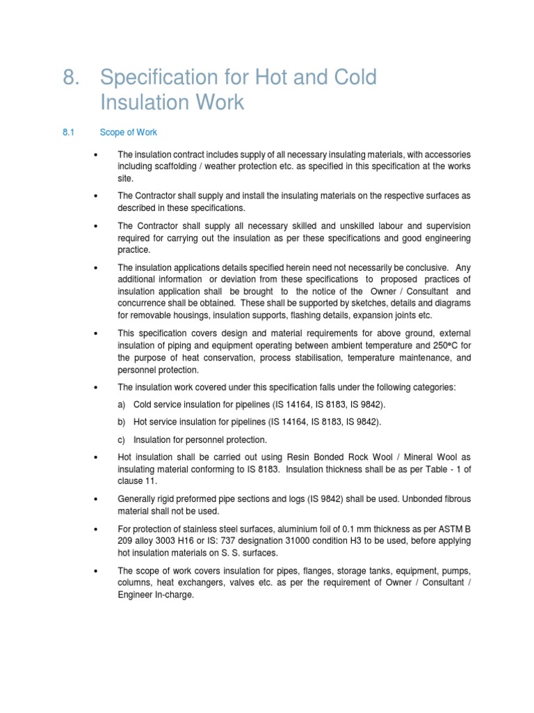 Specification For Hot and Cold Insulation Work | PDF | Thermal ...