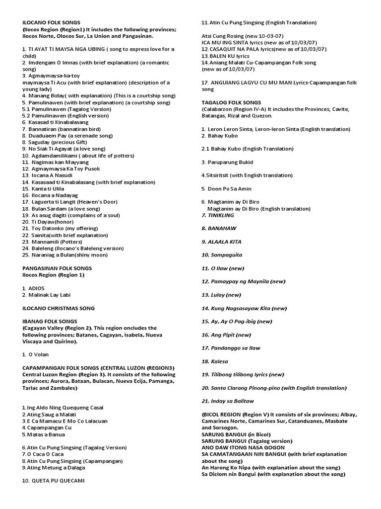 Ilocano Folk Songs | PDF | Languages Of Southeast Asia | Philippines