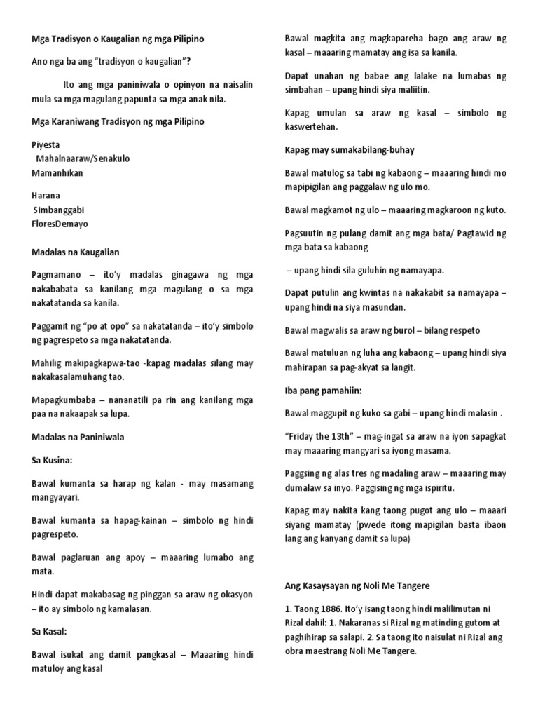 Mga Tradisyon o Kaugalian NG Mga Pilipino | PDF