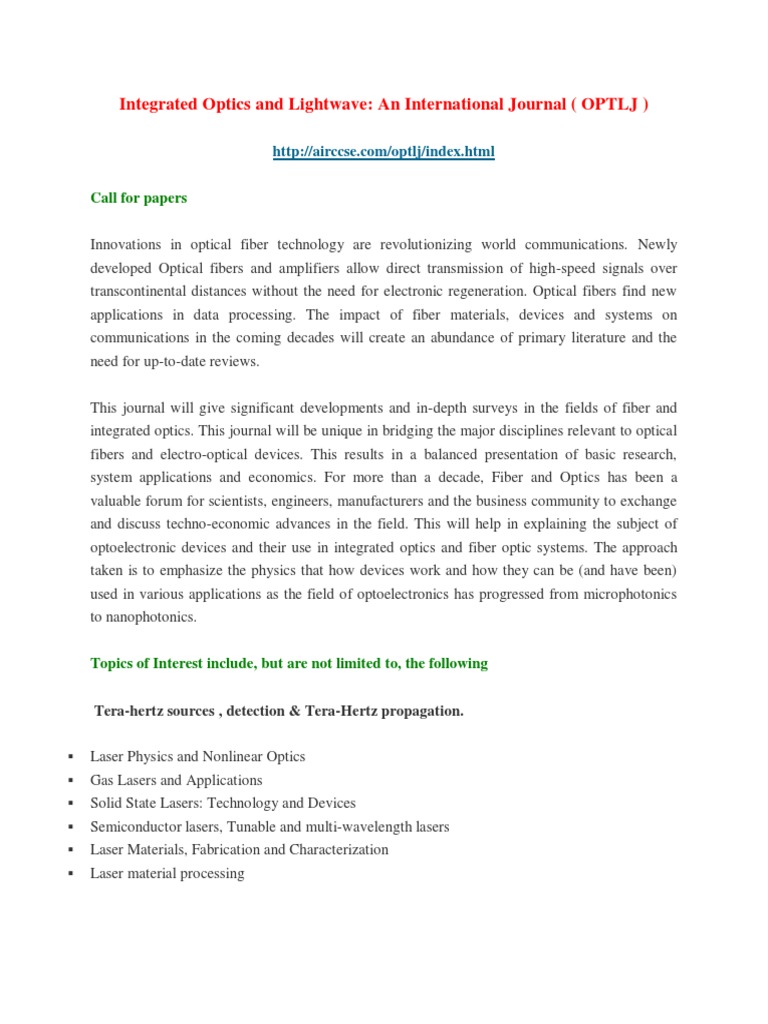 Integrated Optics and Lightwave: An International Journal (OPTLJ) | PDF ...