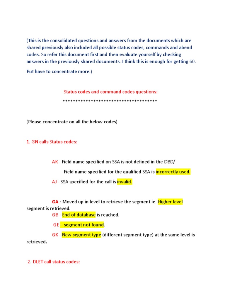 Consolidated Ims Status Codes Command Codes And Abend Codes Question And Answer Reference 
