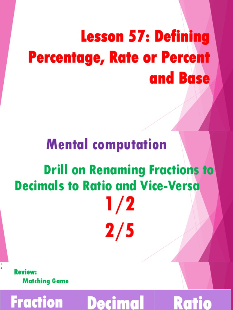 Lesson 57 Defining Percentage, Rate or Percent and Base | PDF ...