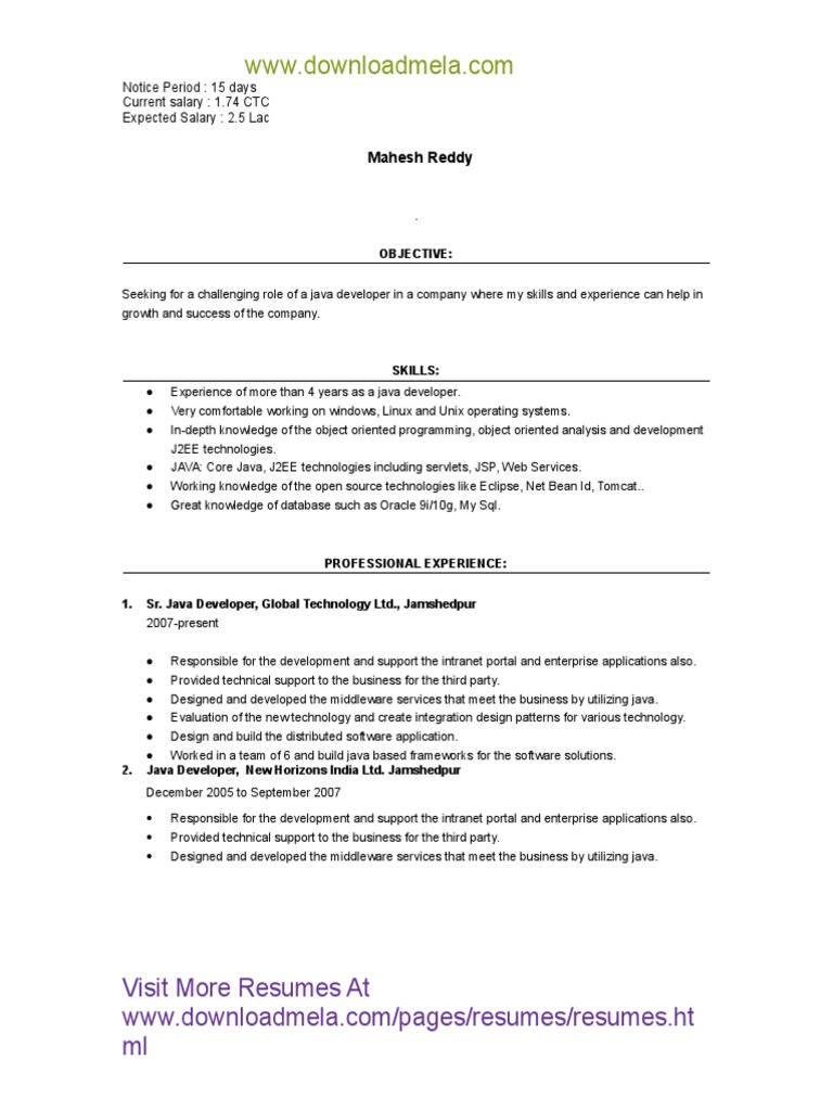 Senior Java Developer With 4 Years Experience Resume | Download Free ... Senior Java Developer With 4 Years Experience Resume | Download Free ...