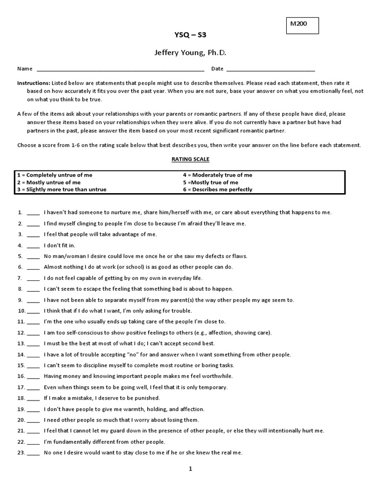 YSQ-S3 Questionnaire | PDF | Psychology | Behavioural Sciences