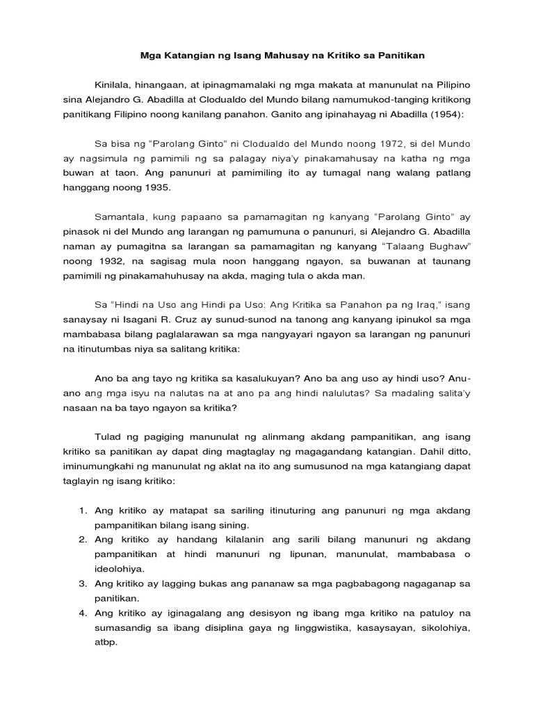 Mga Katangian NG Isang Mahusay Na Kritik | PDF