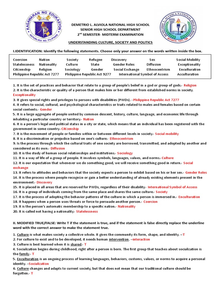 Ucsp-Answer Key | PDF | Socialization | Gender