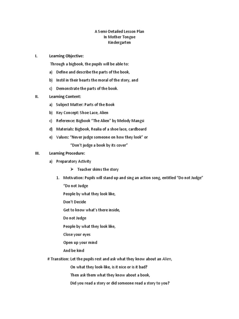 Semi Detailed Lesson Plan For Kindergarten in Mother Tongue | PDF ...