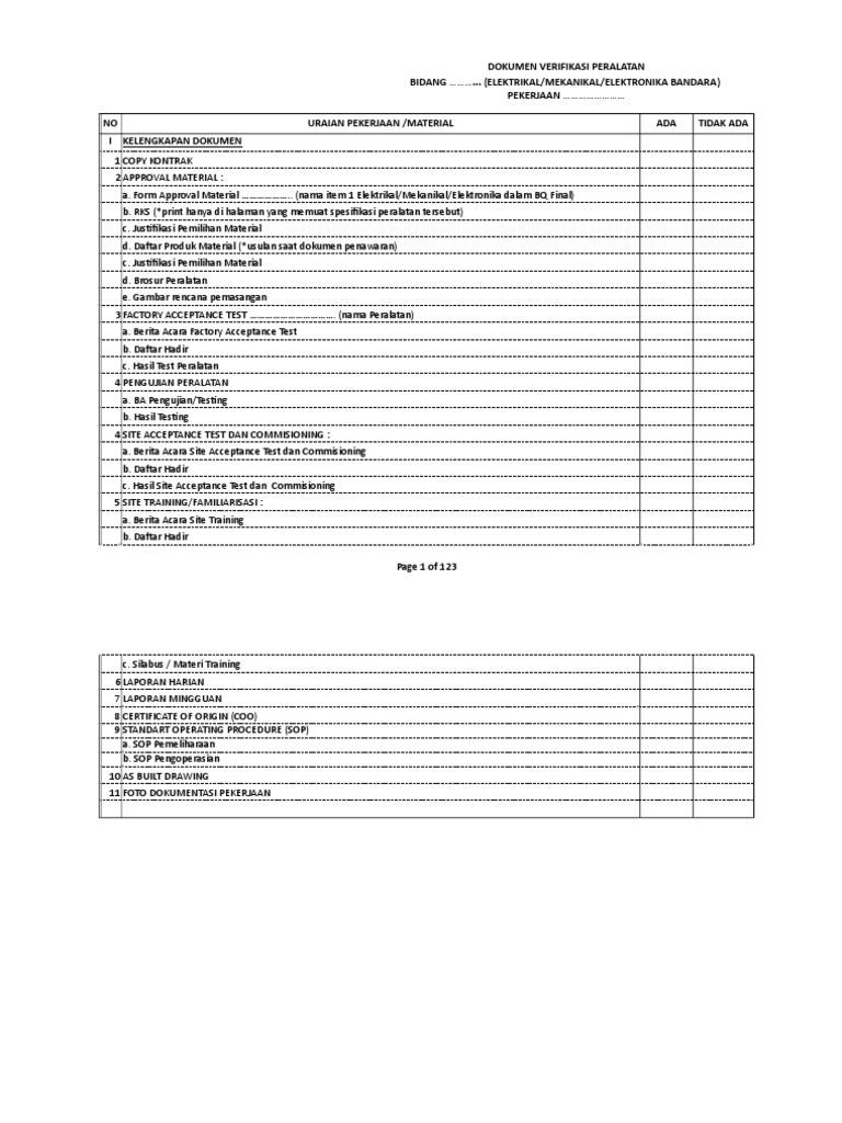 Final Test Com (Check List Dokumen Verifikasi Peralatan 4 September ...