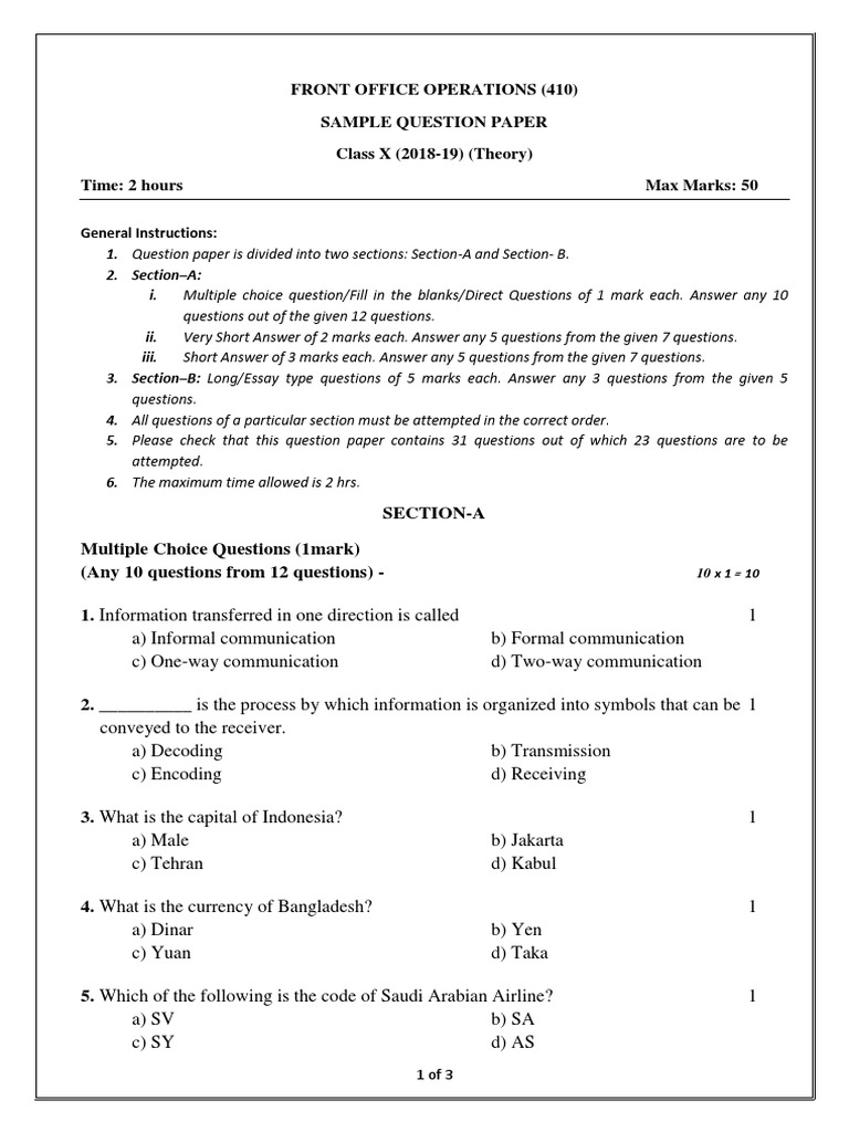 Class X Front Office Operations Exam Paper | PDF | Code | Communication