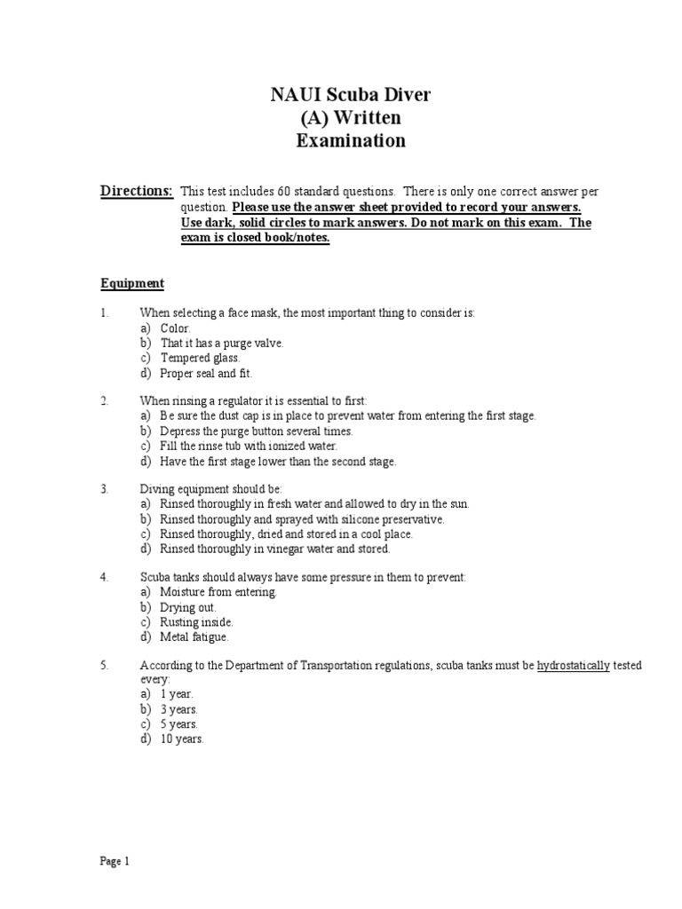 NAUI Scuba Diver Exam A | PDF | Scuba Diving | Breathing
