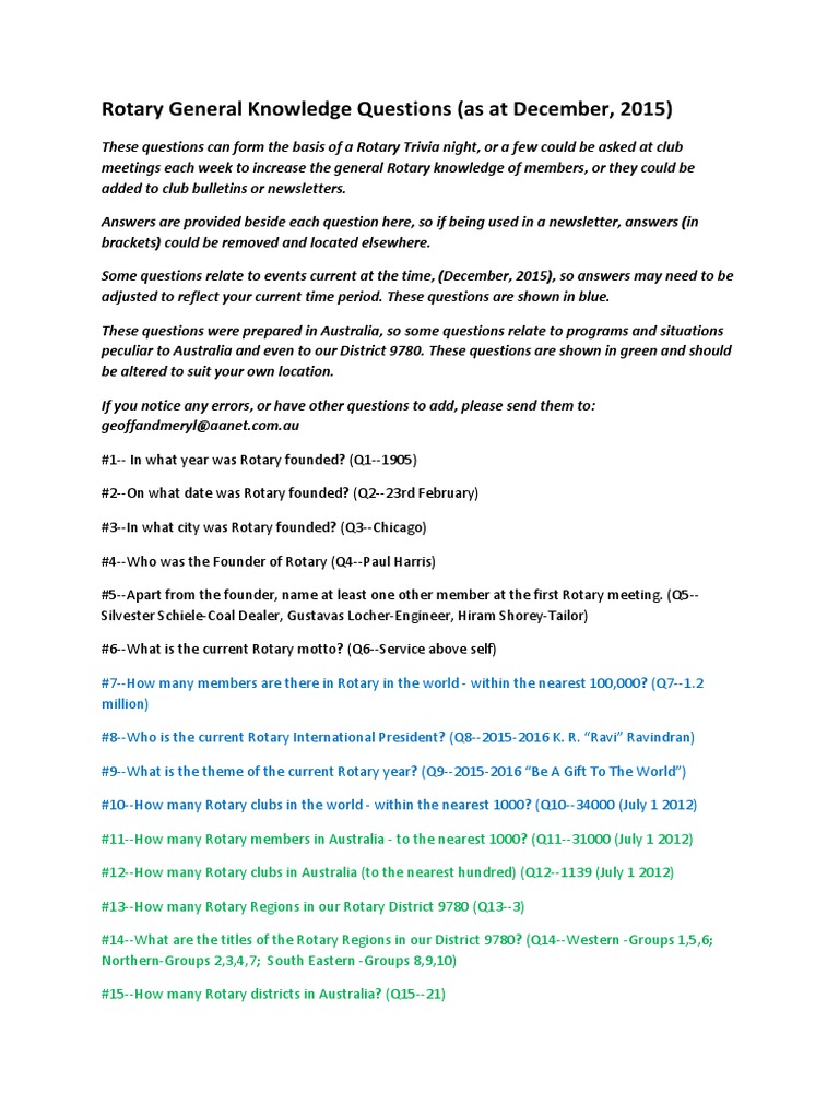 Rotary General Knowledge Questions and Answers 2015 12 03 | PDF