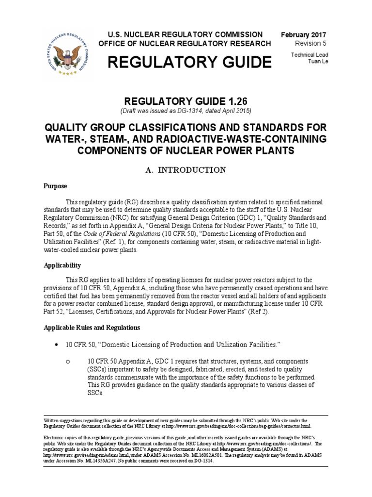 Regulatory Guide 1.26 | PDF | Nuclear Regulatory Commission | Nuclear Power