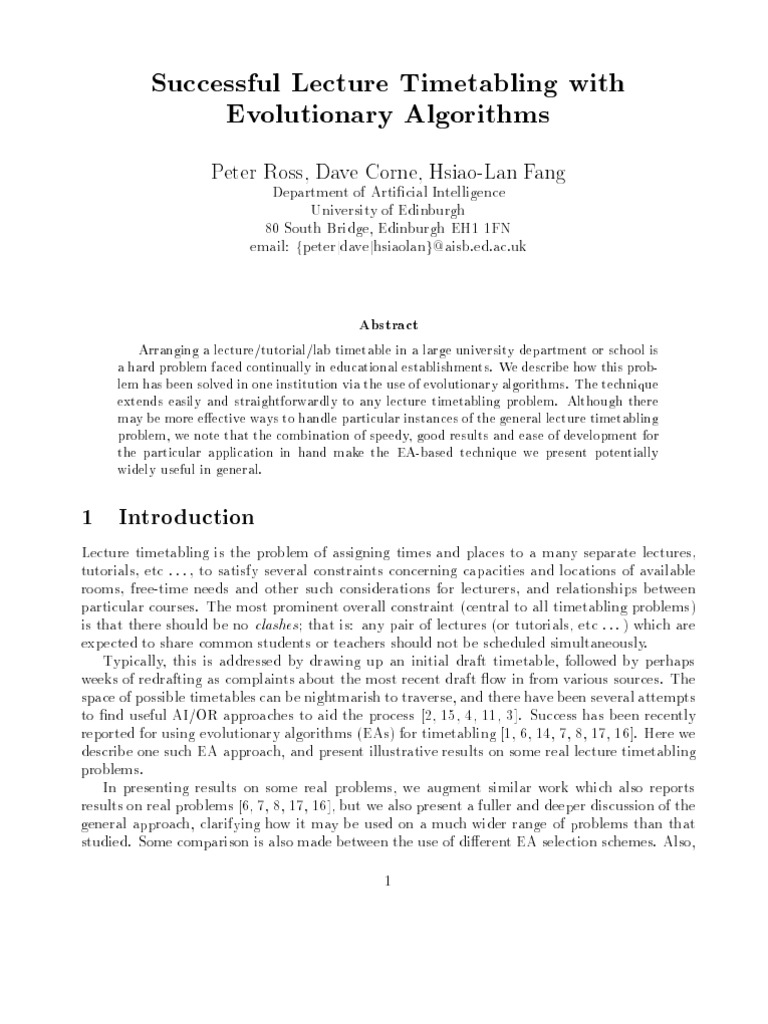 Successful Lecture Timetabling With Evolutionary Algorithms Clashes Pdf Genetic Algorithm