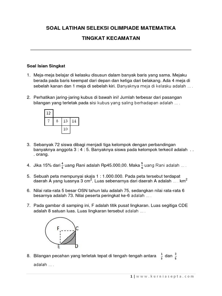 Soal Latihan Seleksi Olimpiade Matematika Tingkat Kecamatan | PDF