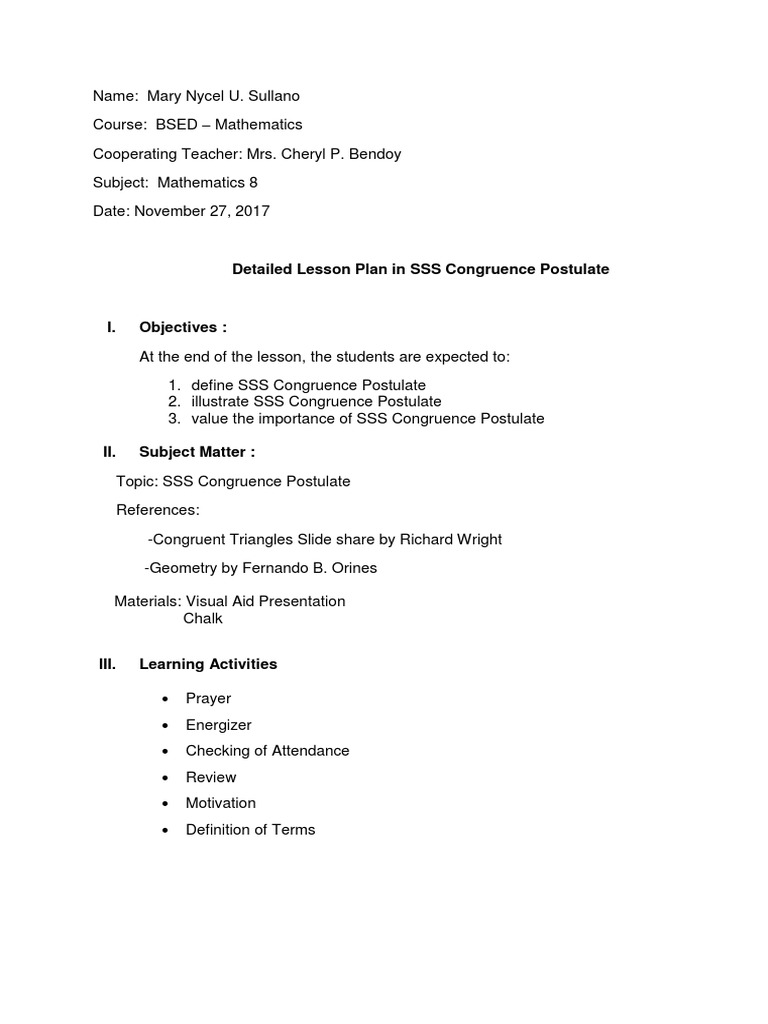 SSS Congruence Postulate Lesson Plan | PDF | Geometry | Learning